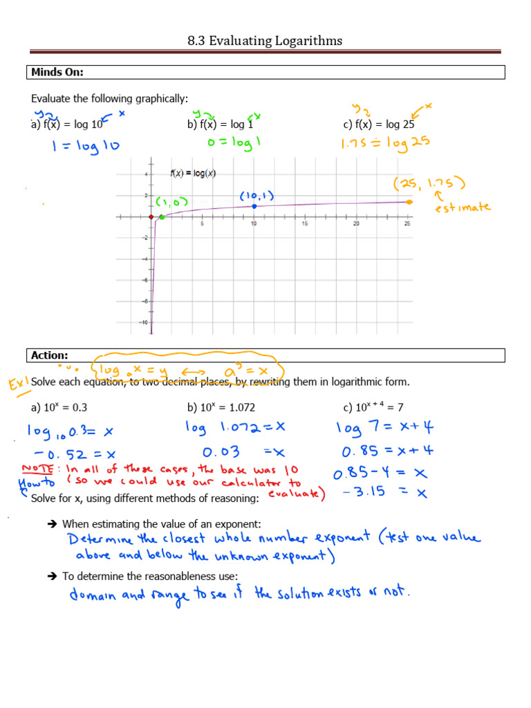8.3 Evaluating Logarithms Completed Note | PDF