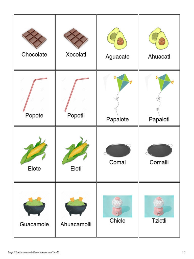 Palabras en Nahuatl Memorama Akairin | PDF