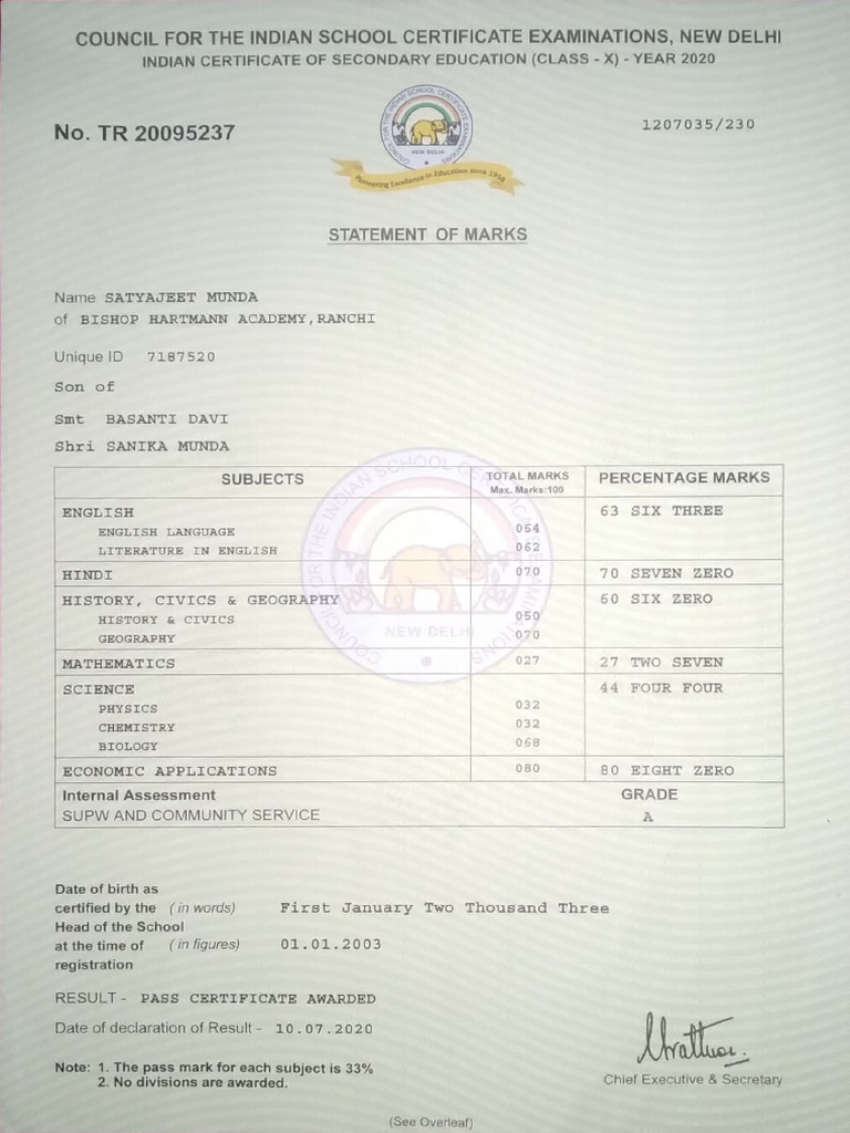 ICSE Class X Marks Statement 2020 | PDF