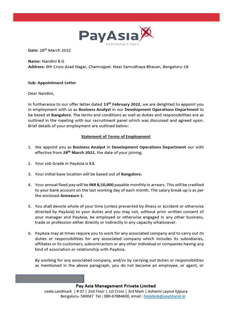 PayAsia Nandini B G Appointment Letter | PDF | Employment | Confidentiality