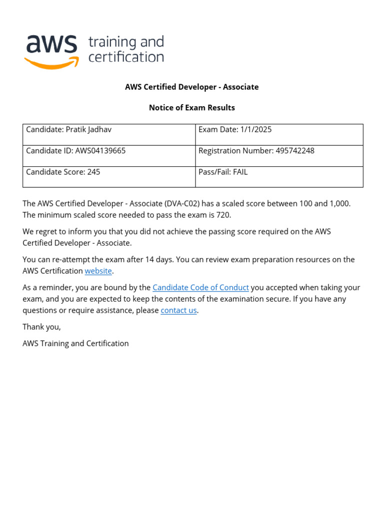 AWS Developer Associate Exam Results | PDF | Information