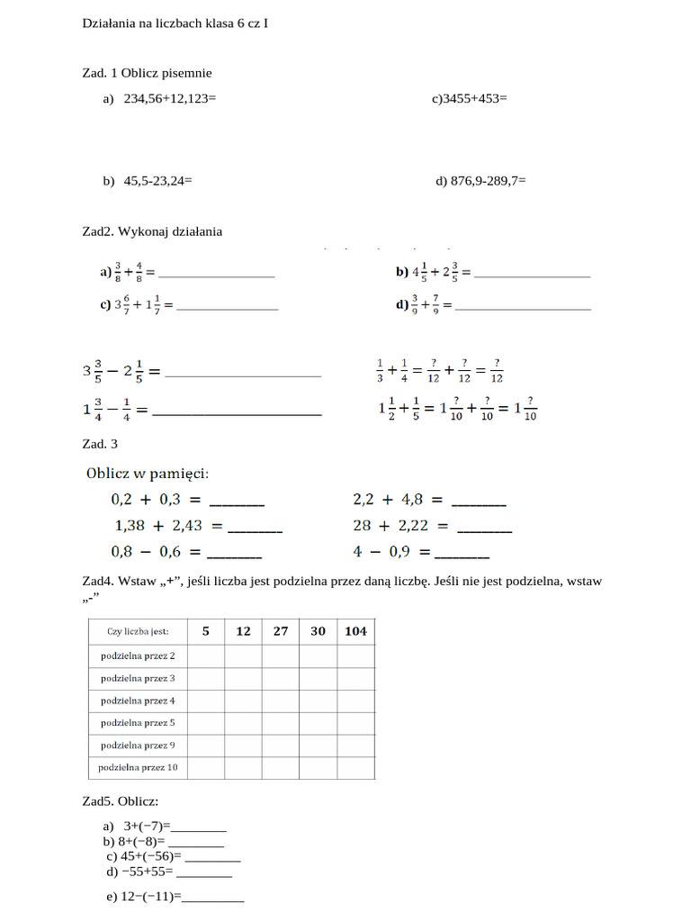 Działania Na Liczbach Klasa 6 CZ I-Sprawdzian | PDF