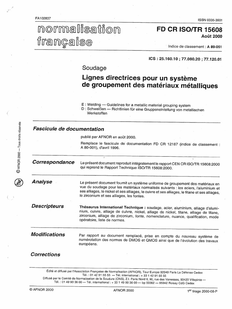 FD CR ISO TR 15608 - 08-00 - Lignes Directrices Pour Un Système de ...
