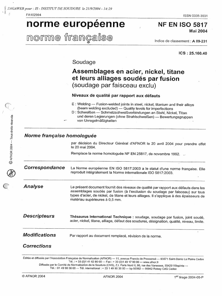 NF en ISO 5817-05-04 - Assemblages en Acier - Niveaux de Qualité Par ...