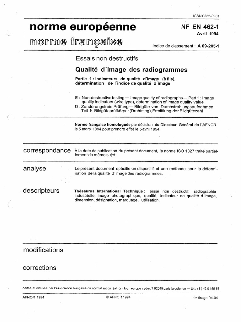 NF en 462-1!04!94 _ Qualité d'Image Des Radiogrammes - IQI à Fils | PDF