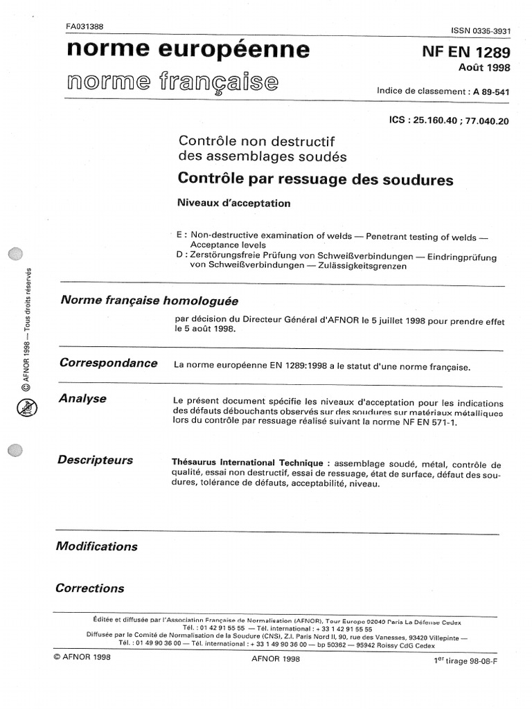 NF en 1289-08-98 _ Controle Par Ressuage Des Soudures | PDF