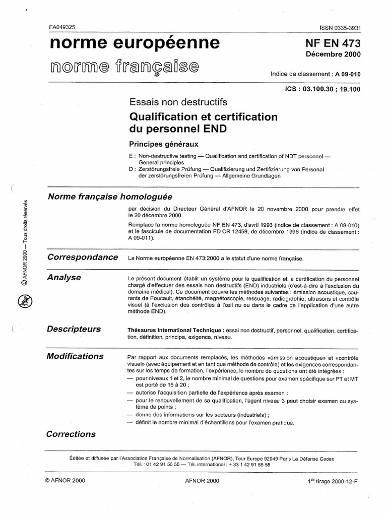 NF en 473-12-00 - Qualification Et Certification Du Personnel END | PDF