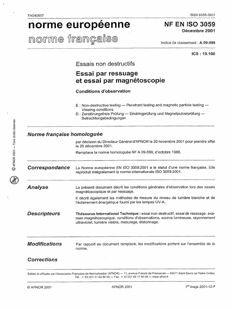 NF en ISO 3059-12-01 - Essai Par Ressuage Et Essai Par Magnétoscopie | PDF