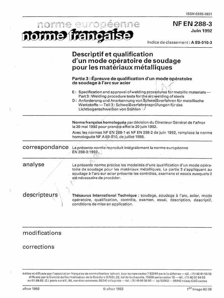 NF en 288-3!06!92 - Descriptif Et Qualification D'un Mode Opératoire de Soudage | PDF
