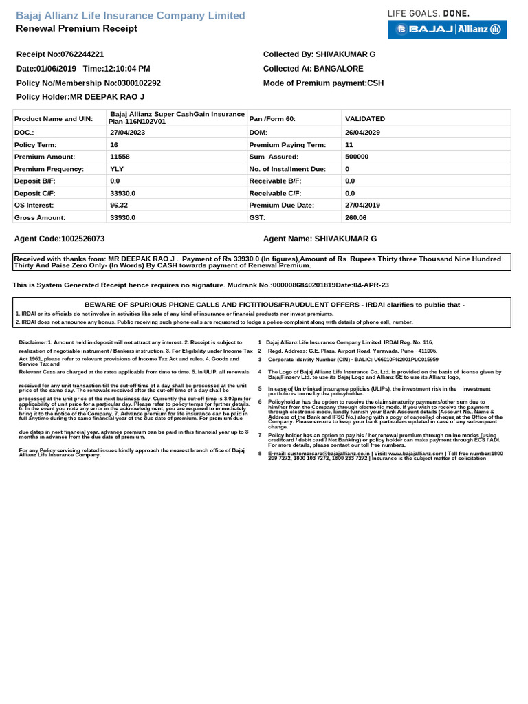 Premium Receipt | PDF | Insurance | Life Insurance