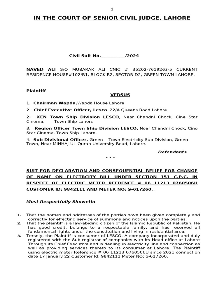 Suit For, Declaration and Mandatory, Lesco Wapda 19-01-2024 | PDF | Lawsuit | Affidavit