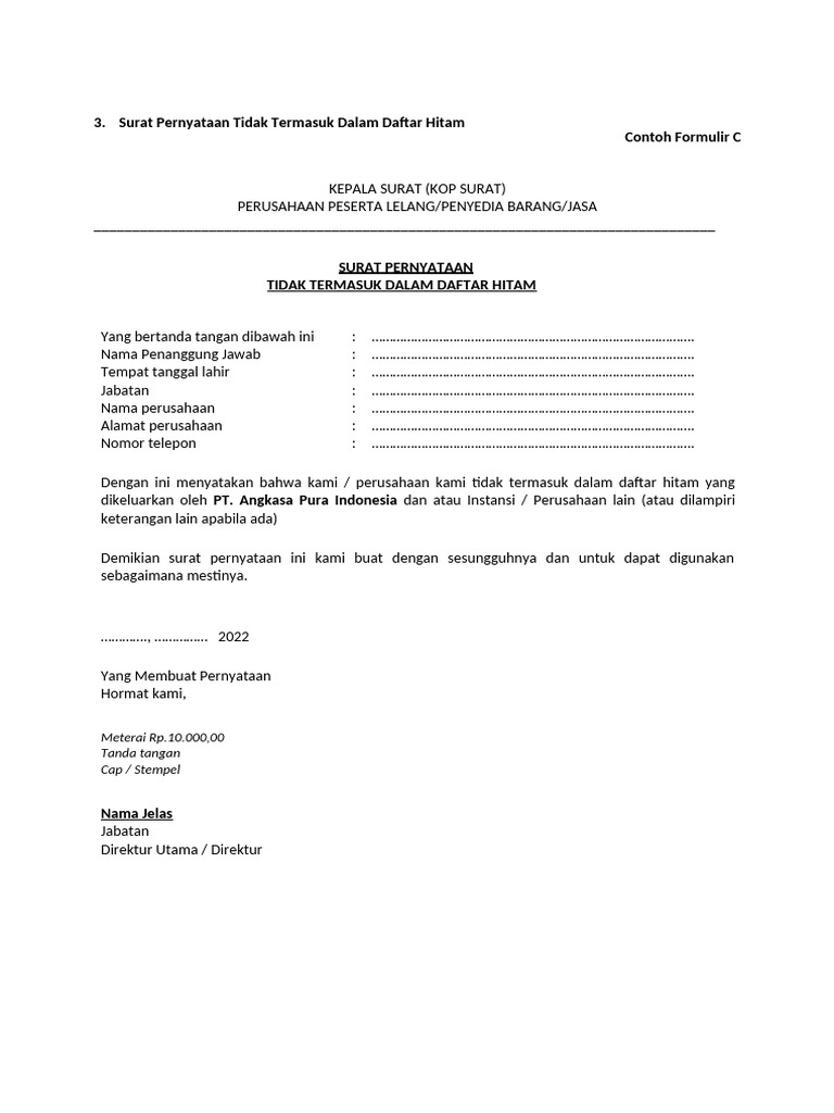Surat Pernyataan Tidak Termasuk Dalam Daftar Hitam (AMB) | PDF