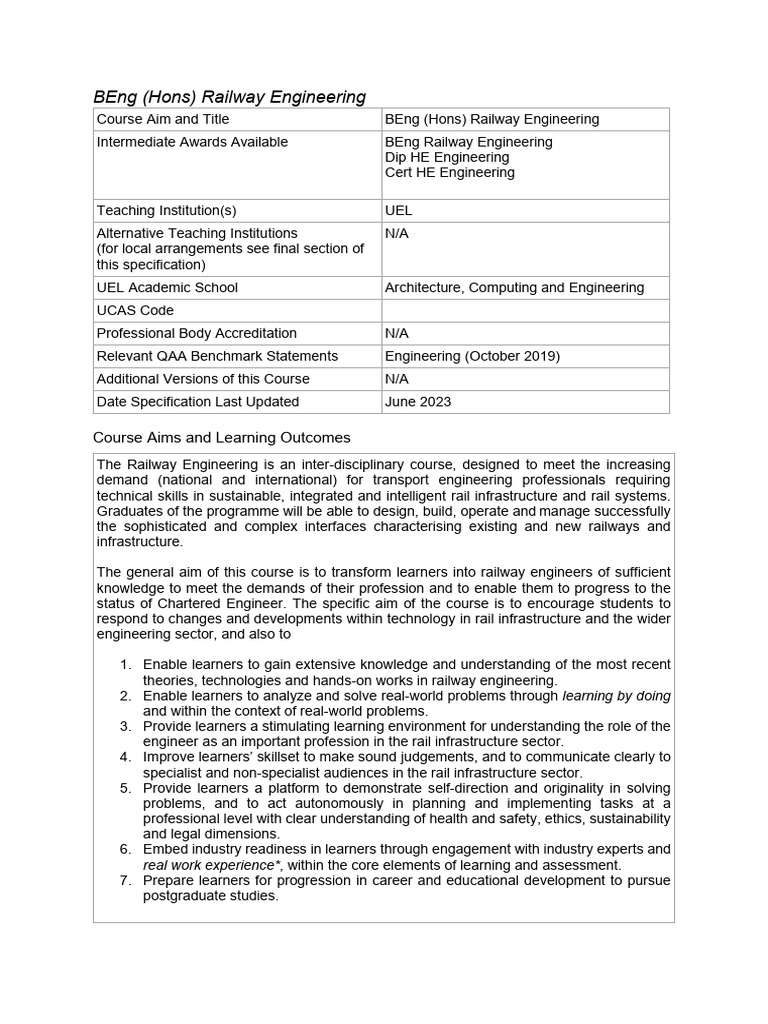 BEng (Hons) in Railway Engineering | PDF | Engineering | Learning