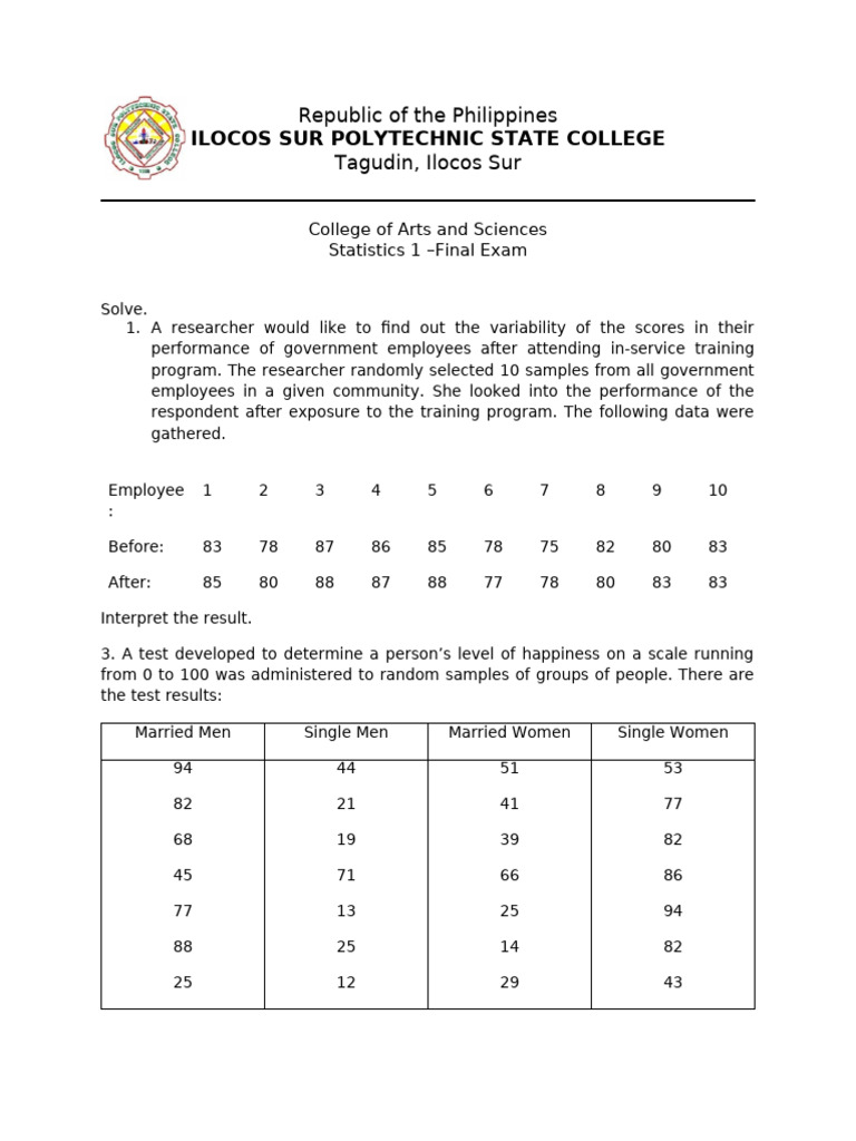 Stat 1 Final Exam | PDF