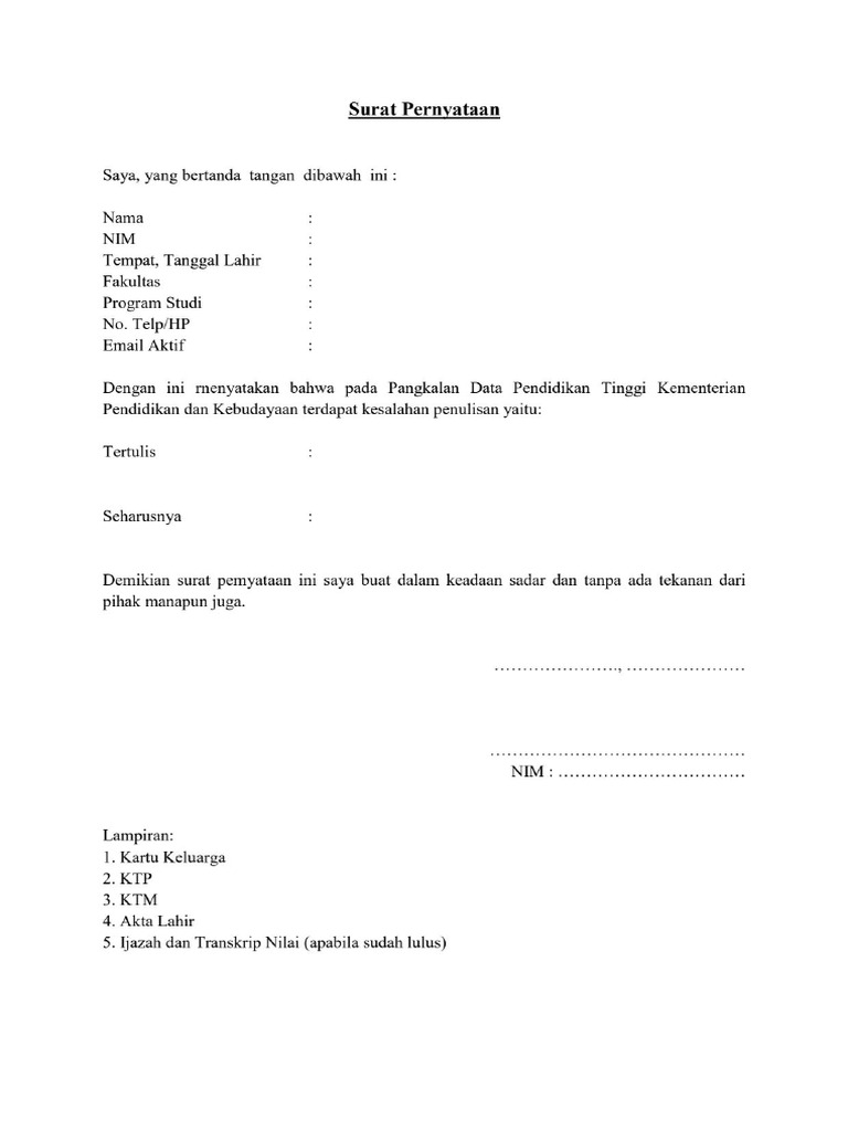 Surat Pernyataan Perubahan PDDIKTI 2024 | PDF