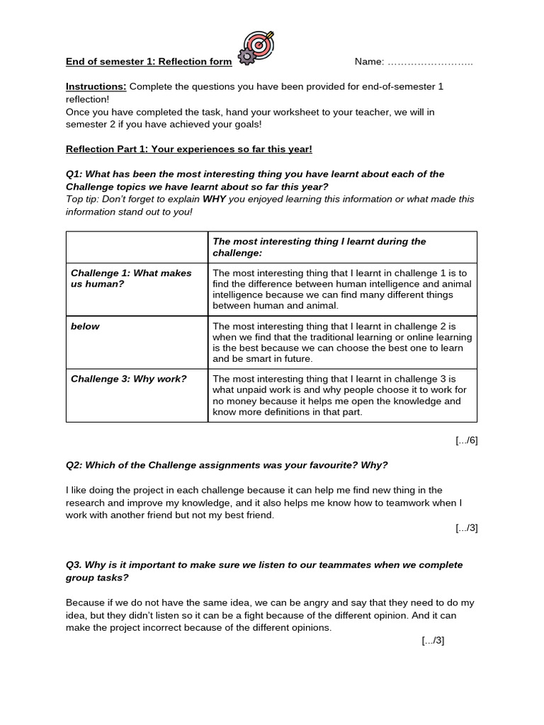 Semester 1 Reflection Form Guide | PDF | Human Communication | Behavior ...