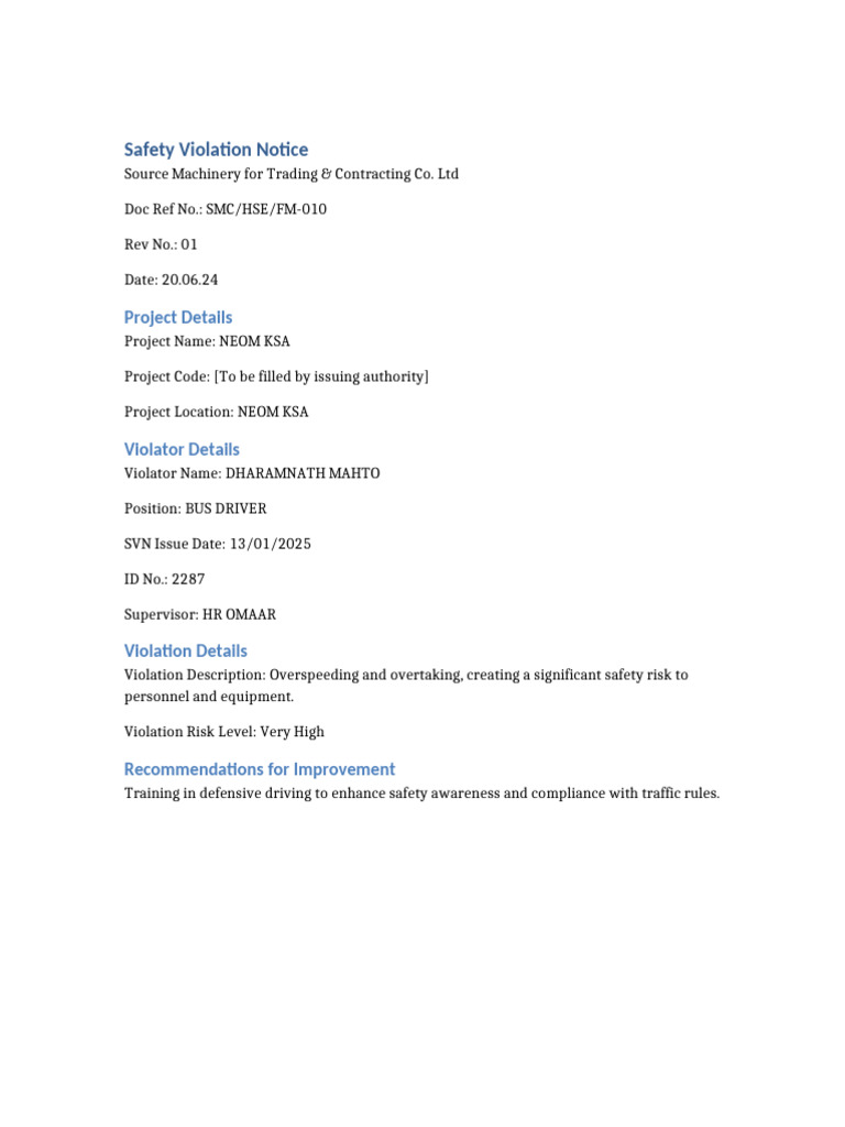 Completed Safety Violation Notice | PDF