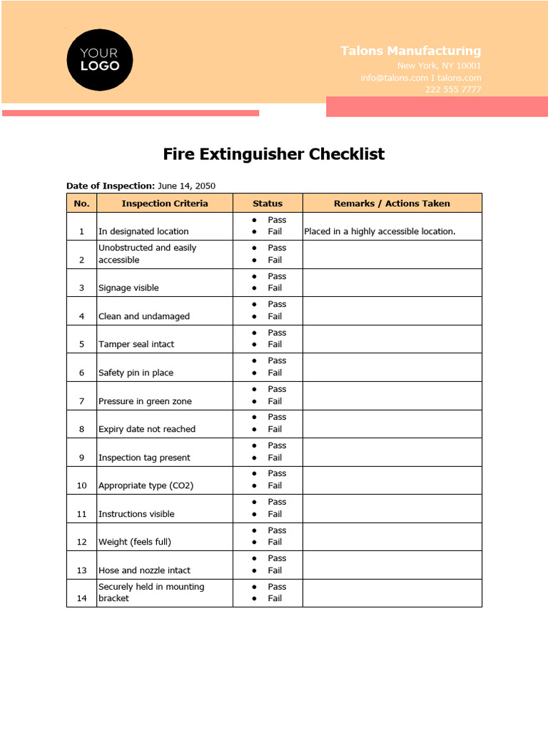 Fire Extinguisher Checklist Template | PDF