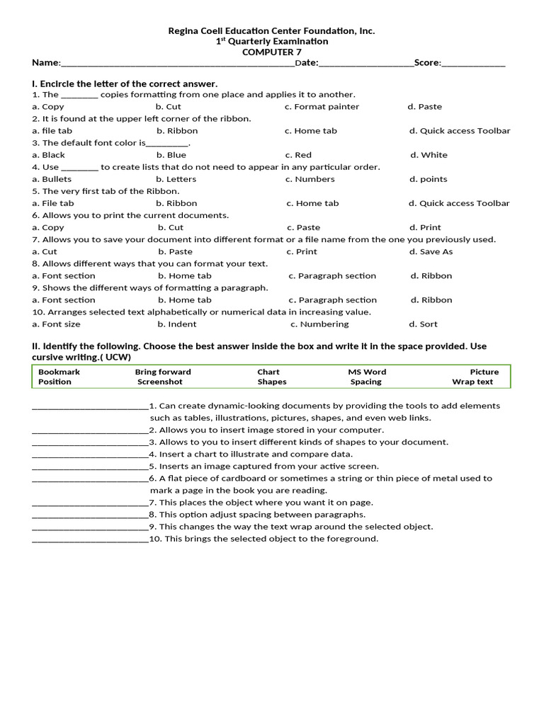 Computer7 First Quarter Exam | PDF | Spreadsheet | Microsoft Excel