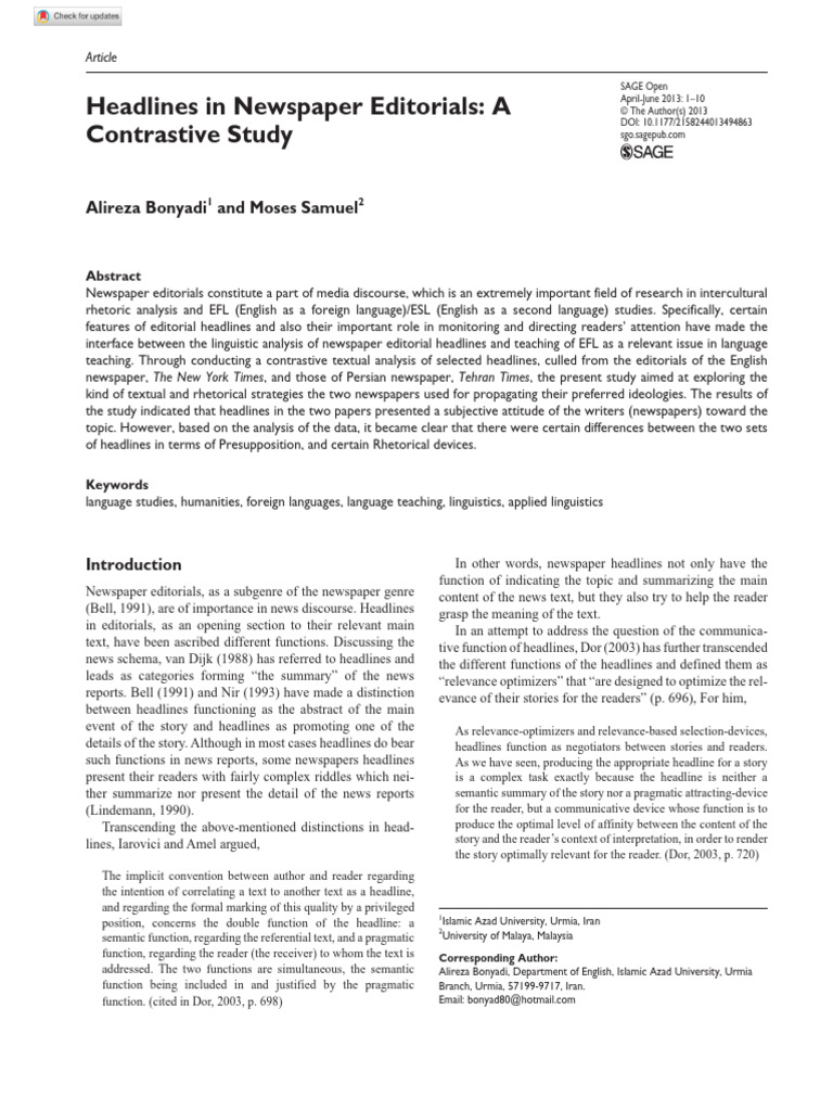 Bonyadi Samuel 2013 Headlines in Newspaper Editorials A Contrastive ...