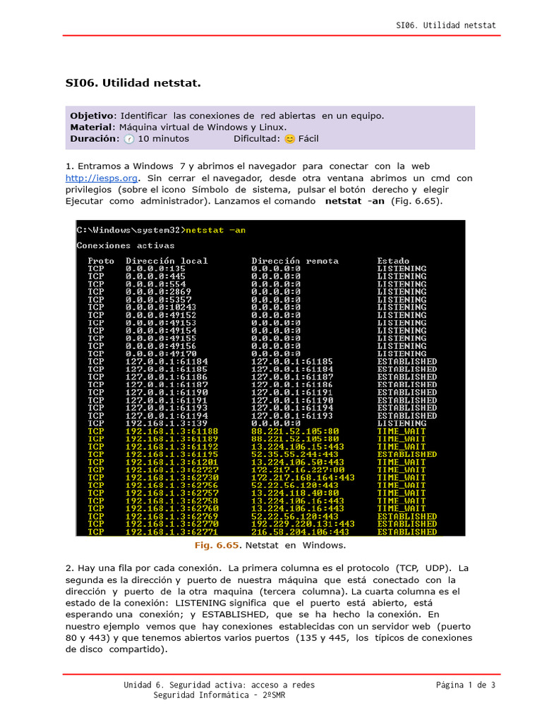 SI06 Utilidad Netstat | PDF | Protocolo de Control de Transmisión | Protocolos de red
