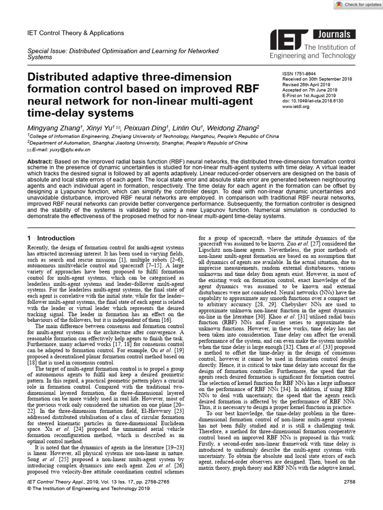 IET Control Theory Appl - 2019 - Zhang - Distributed adaptive three‐dimension formation control ...