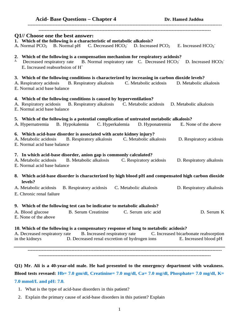 Acid - Base - Quesions - Chapter 4 - Dr. Hamed Jaddoa | PDF | Medical ...