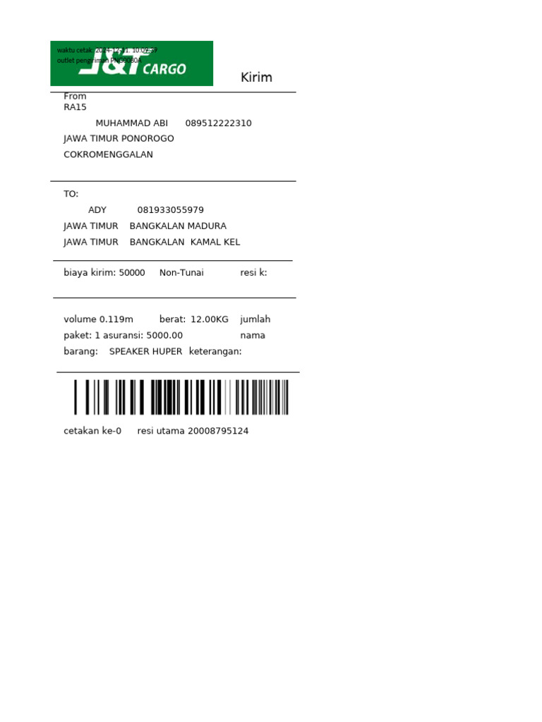 Resi JNT Cargo Ady Madura | PDF