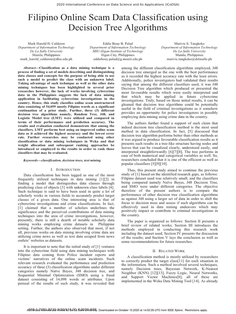 Filipino Online Scam Data Classification Decision Tree Algorithms | PDF | Cross Validation ...