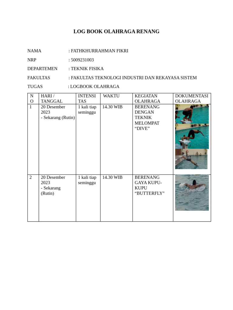 Log Book Olahraga Renang Fathkhurrrahman Fikri | PDF