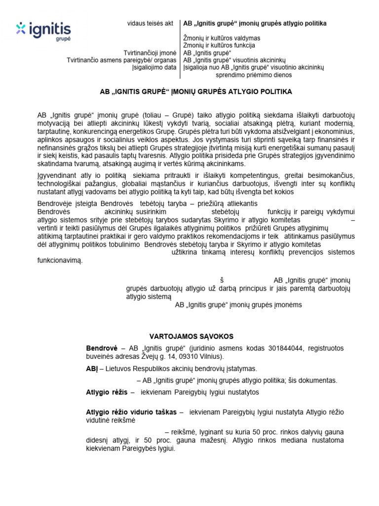 AB Ignitis Grupė Įmonių Grupės Atlygio Politika - 3 | PDF