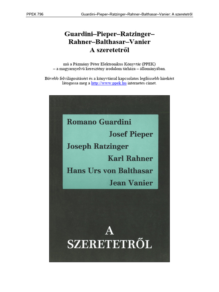 Guardini Pieper Ratzinger Rahner Balthasar Vanier A Szeretetrol 1 | PDF
