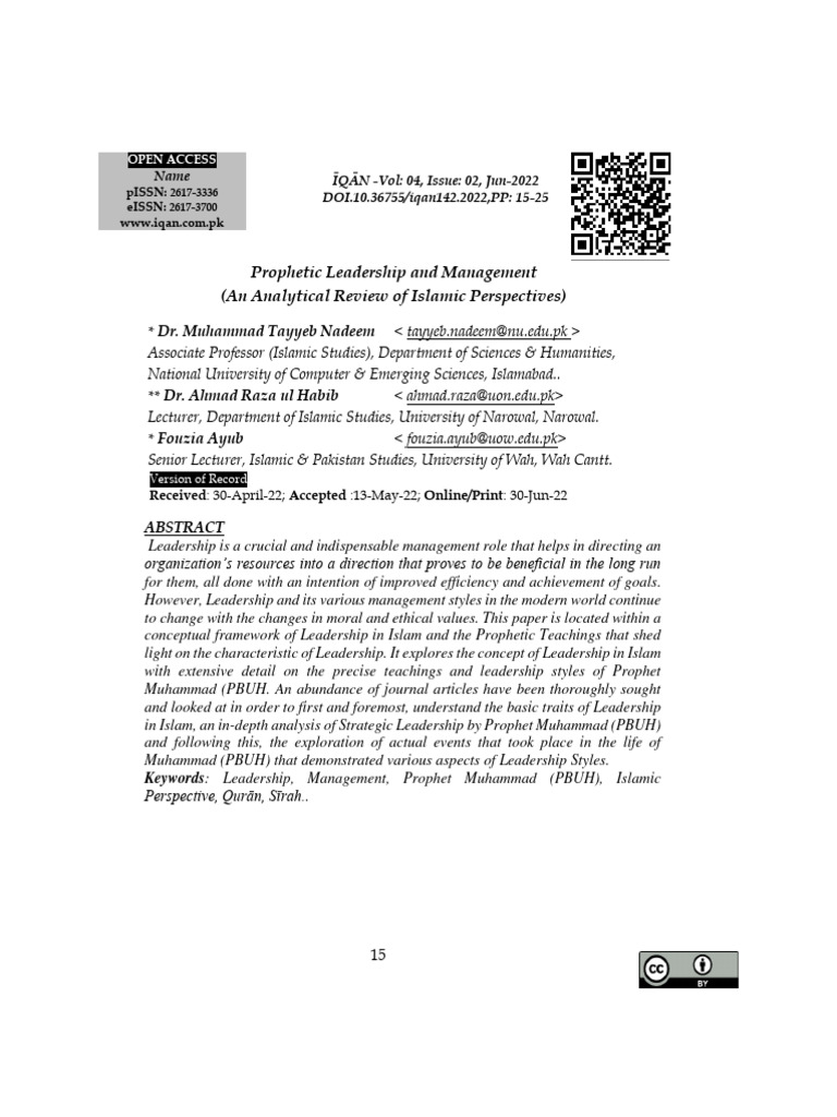 Prophetic Leadership and Management An A | PDF | Prophets And Messengers In Islam | Quran