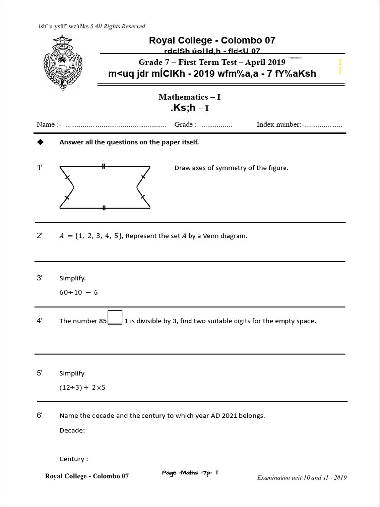 2019 Grade 07 Maths First Term Paper English Medium Royal College | PDF ...