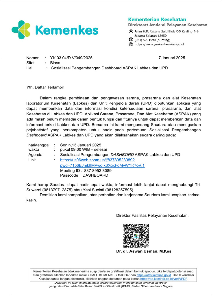 Surat Sosialisasi Pengembangan Dashbord ASPAK Labkes Dan UPD | PDF
