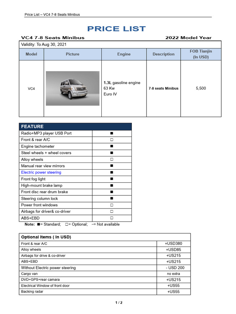 Price List - VC4 7-8 Seats Minibus - Updated | PDF | Land Vehicles | Vehicles