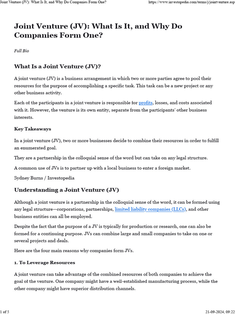 Joint Venture (JV) - What Is It, and Why Do Companies Form One | PDF ...