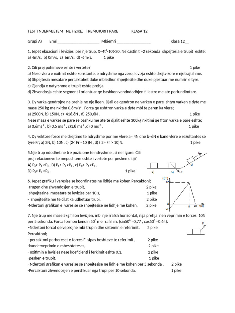 1.test I Ndermjetem 1 Ne Fizike Tremujori I Pare Klasa 12 | PDF