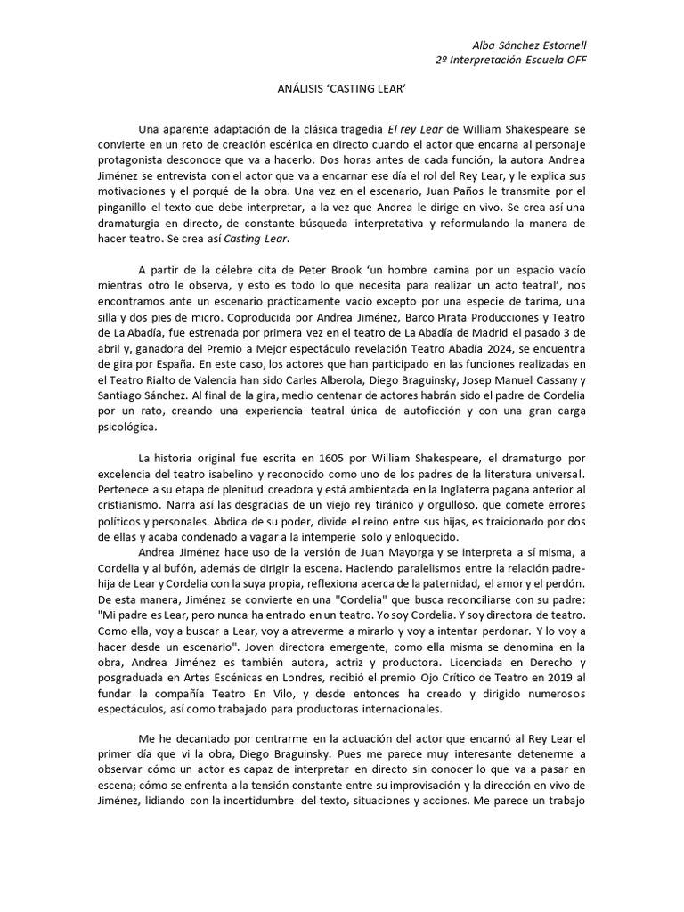 Ánalisis 'Casting Lear' | PDF | Rey Lear | Teatro