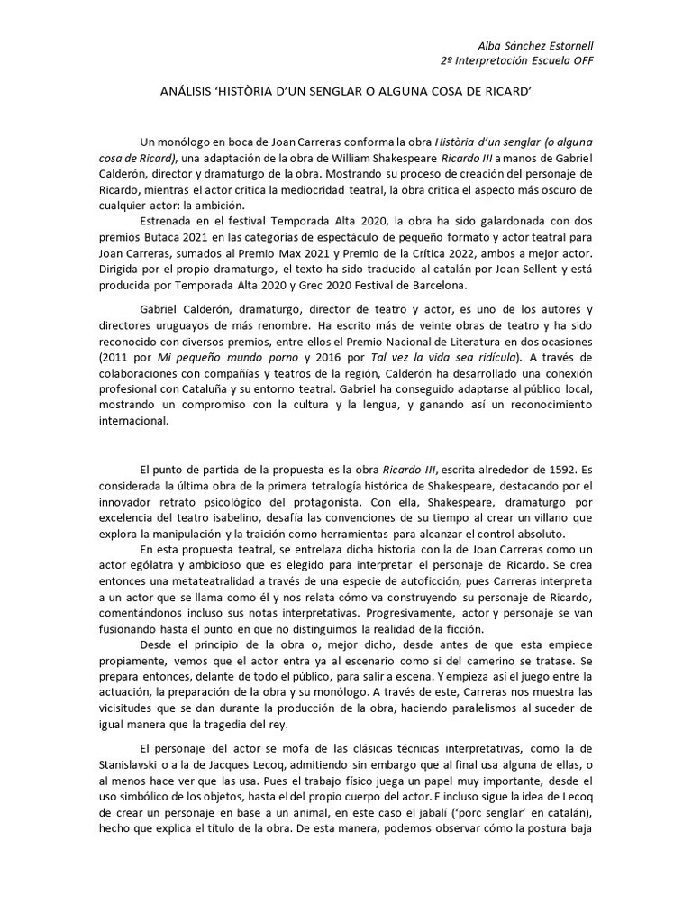 Análisis de "Història d’un senglar" | PDF | Teatro | Actor