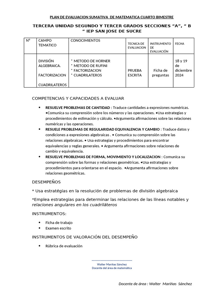 PLAN DE EVALUACION Cuarto Bimestre | PDF | Evaluación | Matemáticas