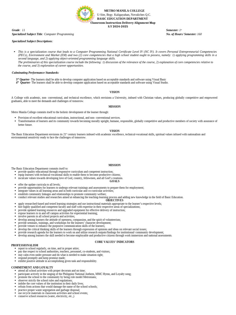 CIDAM COMPROG11 24 25 2ndSEM | PDF | Curriculum | Learning