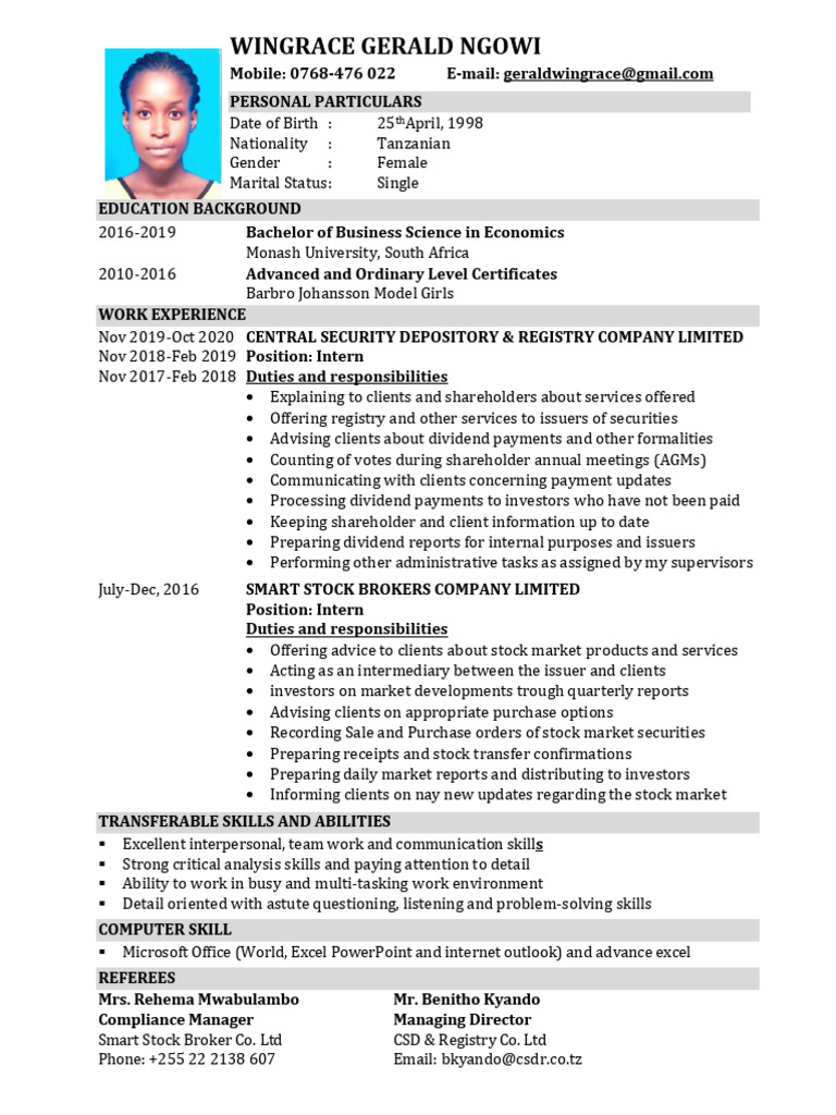 Wingrace Gerald Ngowi CV | PDF | Stocks | Securities (Finance)