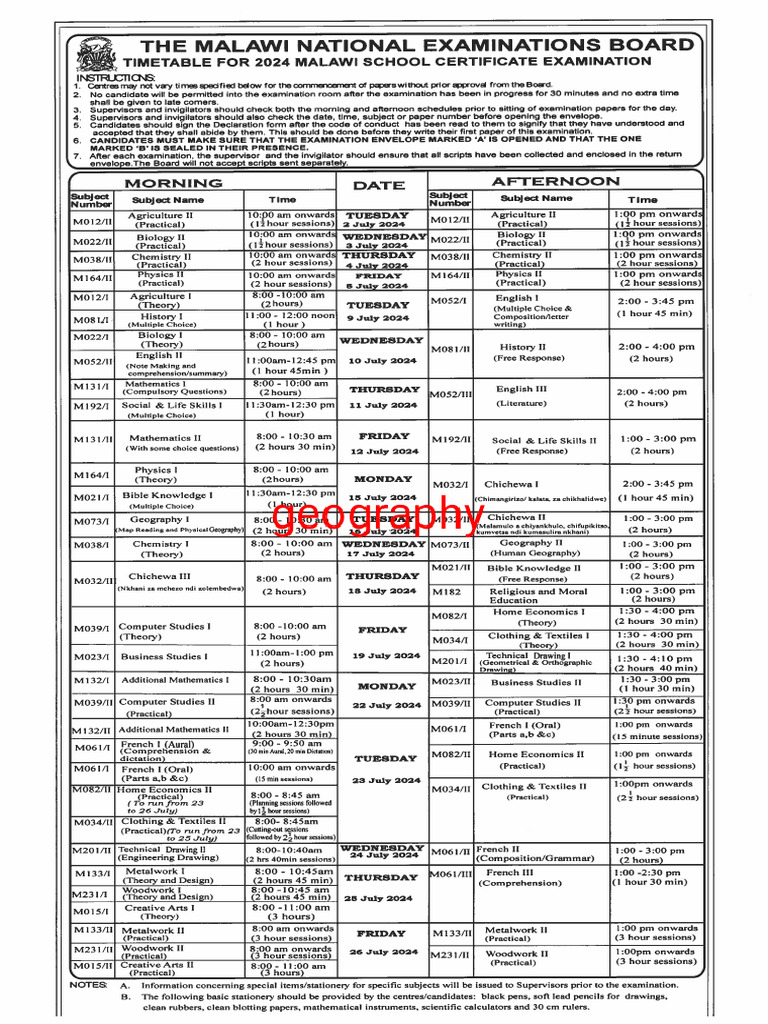 2024 MSCE Timetable | PDF