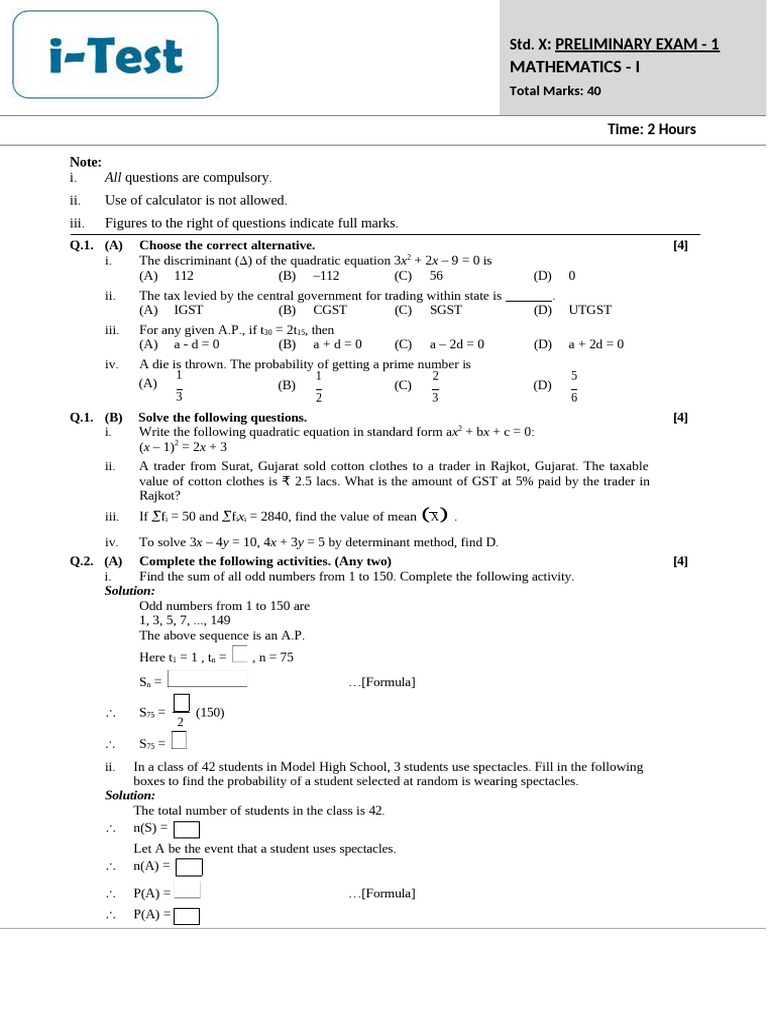 Algebra - Question Paper-1 | PDF | Mathematics