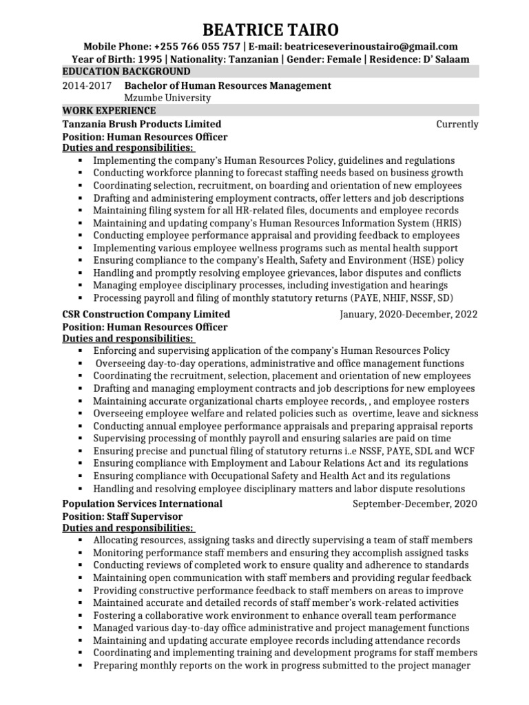 Beatrice Tairo CV | PDF | Human Resources | Employment