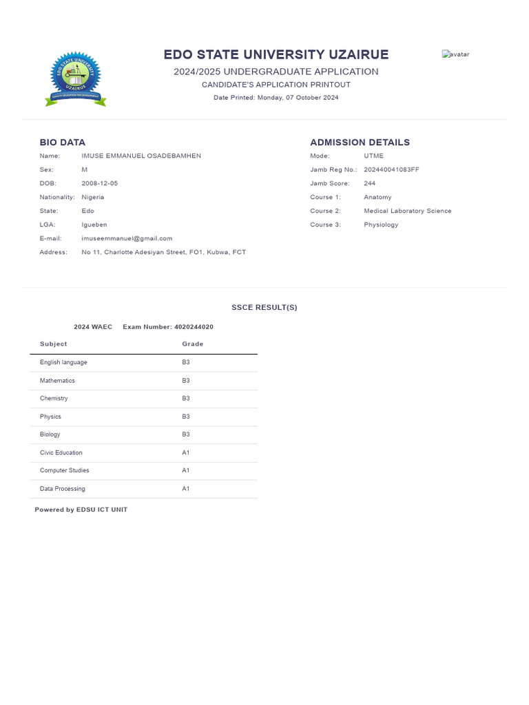 Application Printout - Edo State University Uzairue | PDF