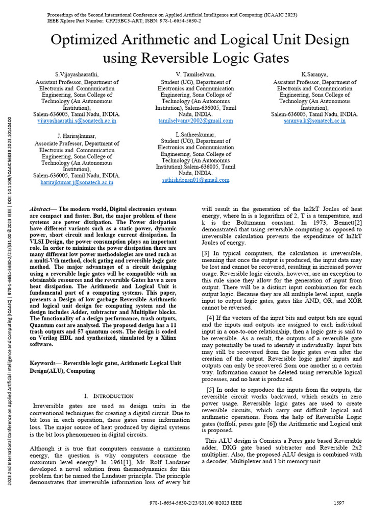 Optimized Arithmetic And Logical Unit Design Using Reversible Logic Gates Pdf Logic Gate