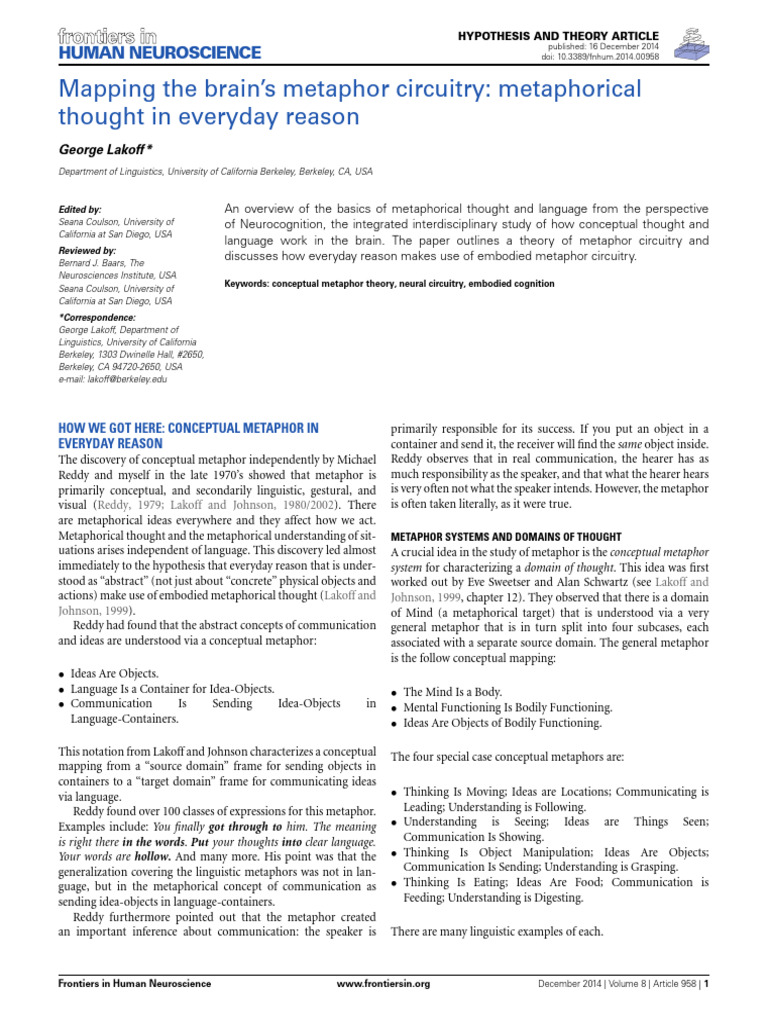 Lakoff (2014) Mapping The Brains Metaphor Circuitry Metaphorical ...
