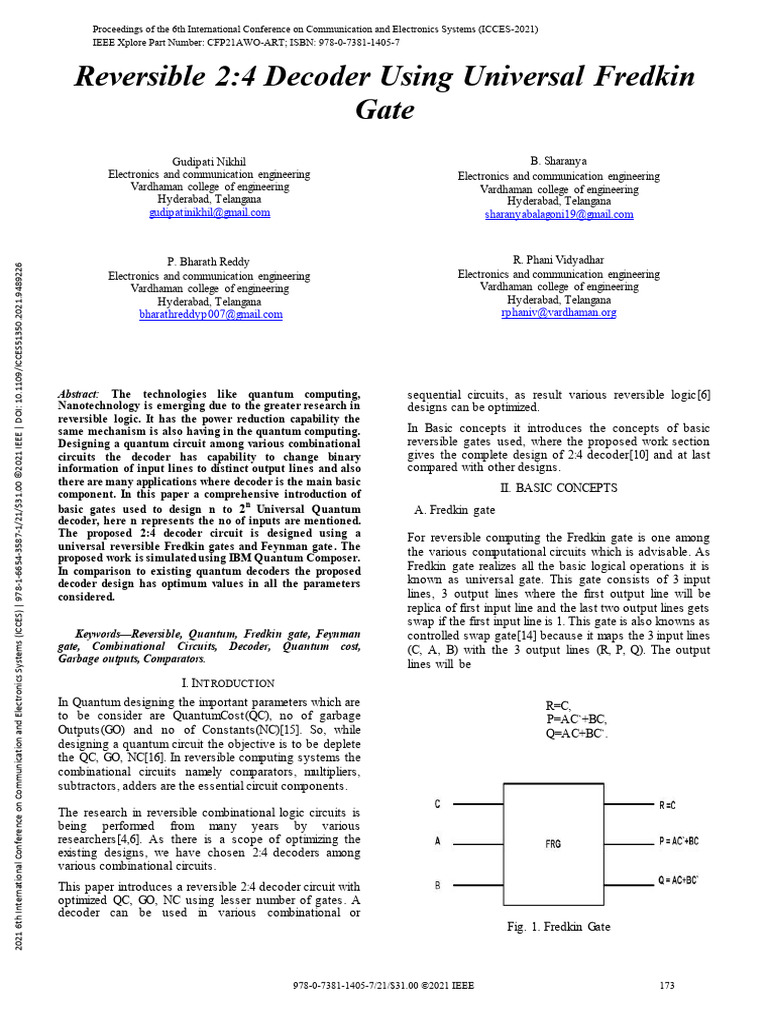 Reversible_24_Decoder_Using_Universal_Fredkin_Gate | PDF | Logic Gate | Computer Science
